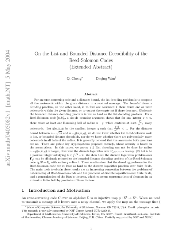 (PDF) On the list and bounded distance decodibility of Reed-Solomon codes