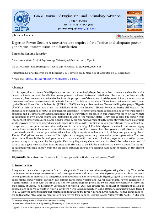 (PDF) Nigerian Power Sector: A new structure required for effective and ...