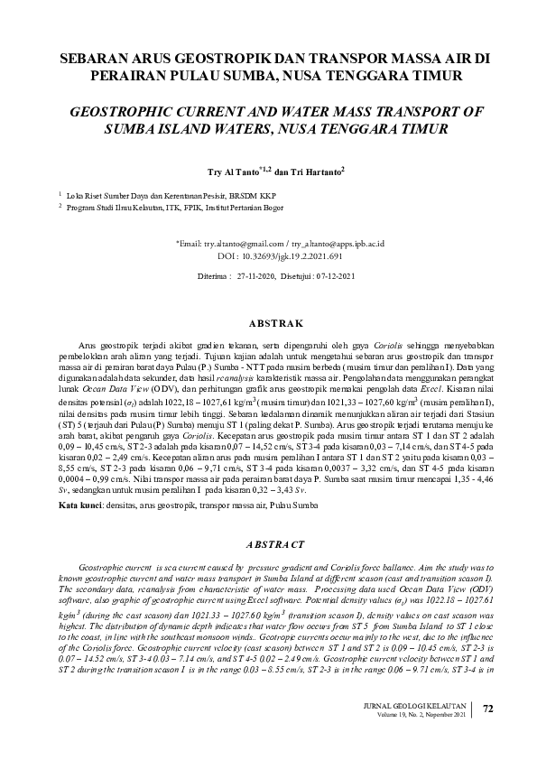 (PDF) Sebaran Arus Geostropik Dan Transpor Massa Air DI Perairan Pulau ...