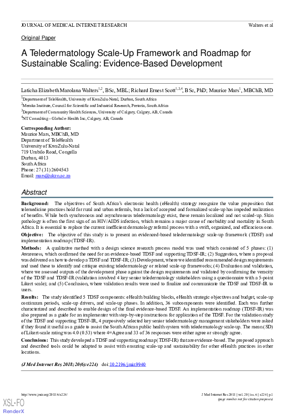 (PDF) A Teledermatology Scale-Up Framework and Roadmap for Sustainable ...