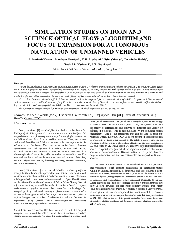 (PDF) Simulation Studies on Horn and Schunck Optical Flow Algorithm and ...