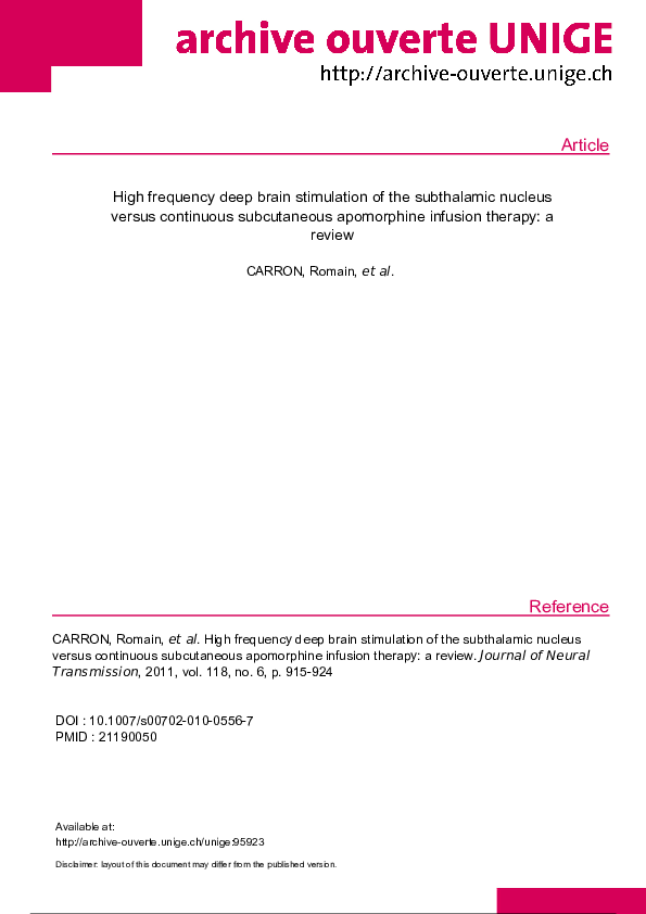 (PDF) High frequency deep brain stimulation of the subthalamic nucleus ...