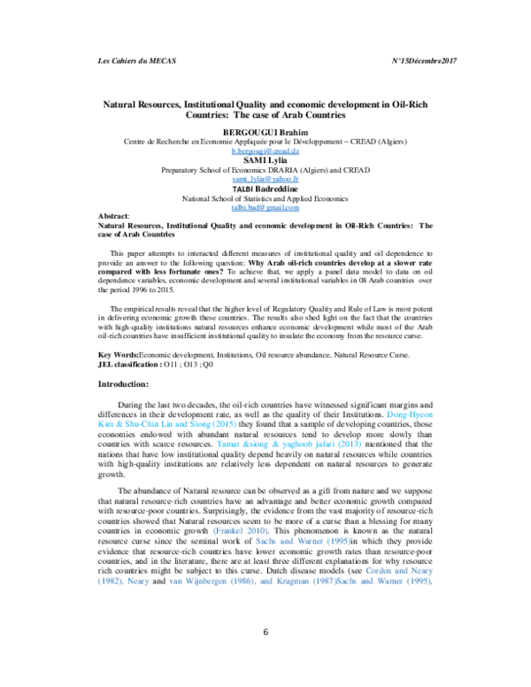 (PDF) Natural Resources, Institutional Quality and economic development ...