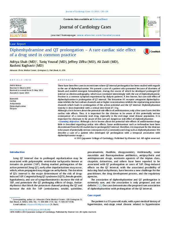 (PDF) Diphenhydramine and QT prolongation – A rare cardiac side effect of a drug used in common ...