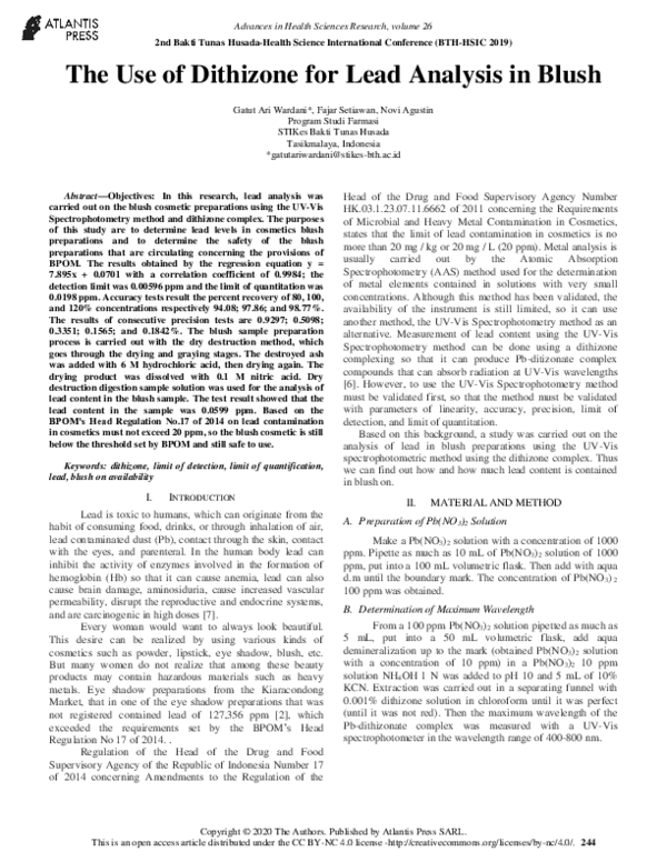 (PDF) The Use of Dithizone for Lead Analysis in Blush