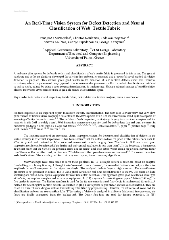 (PDF) Real-time vision system for defect detection and neural classification of web textile fabric