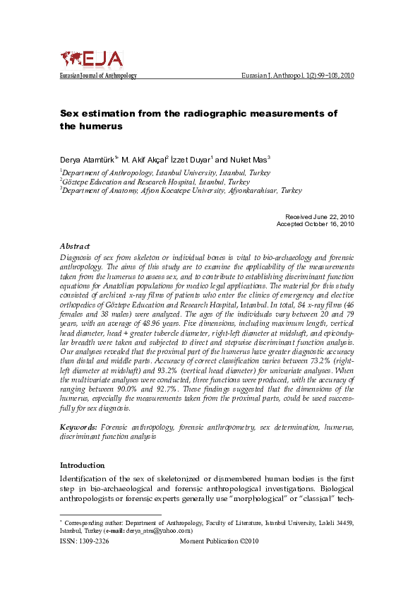 Pdf Humeral Measurements For Sex Estimation