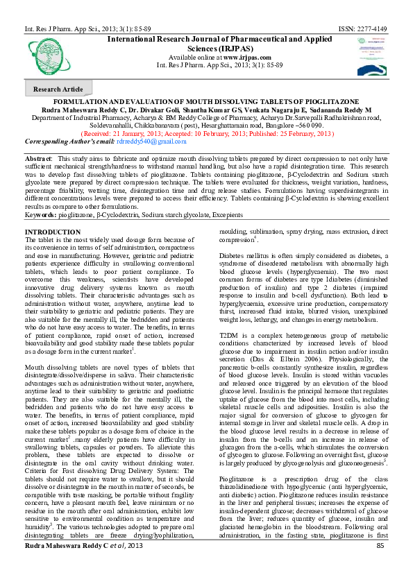 Formulation And Evaluation Of Mouth Dissolving Tablets Of Pioglitazone