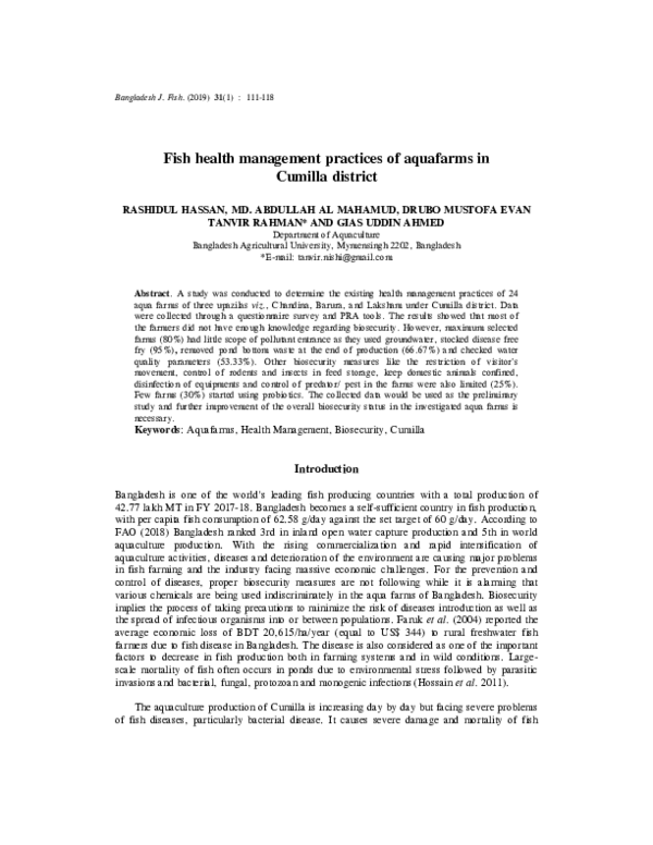 (PDF) Fish health management practices of aquafarms in Cumilla district