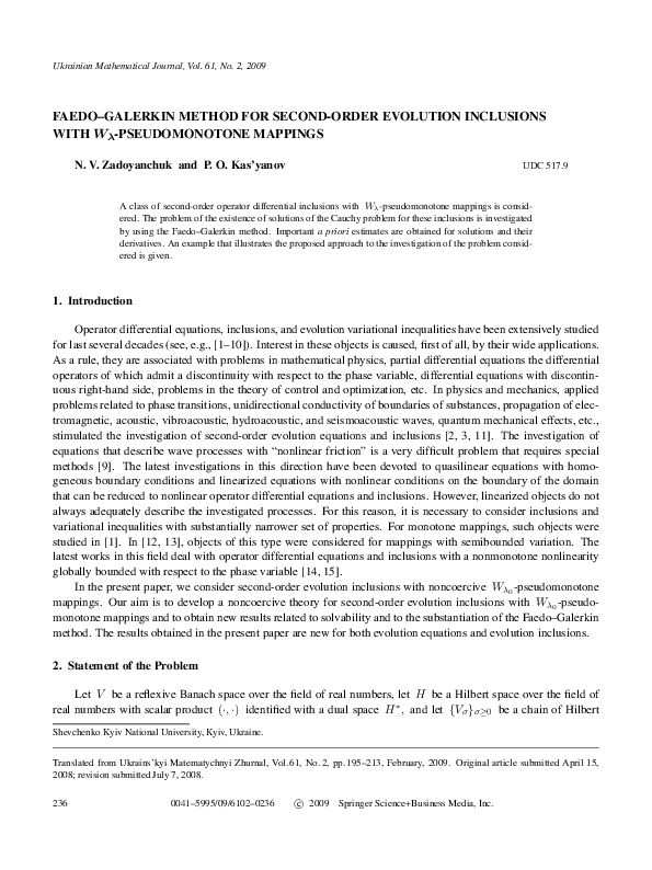 (PDF) Faedo-Galerkin method for second-order evolution inclusions with W¿ 0-pseudo-monotone mappings