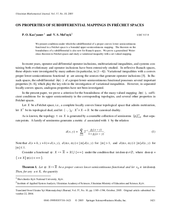 (PDF) On properties of subdifferential mappings in Fréchet spaces