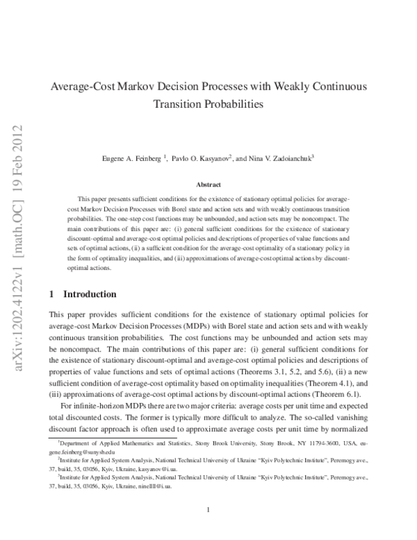 (PDF) Average Cost Markov Decision Processes with Weakly Continuous Transition Probabilities