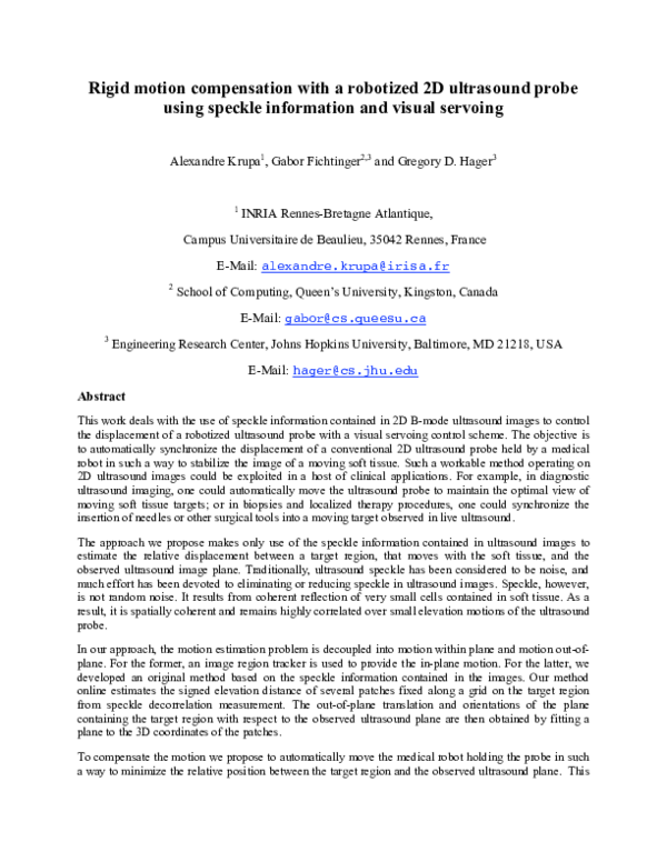 (PDF) Rigid motion compensation with a robotized 2D ultrasound probe using speckle information ...