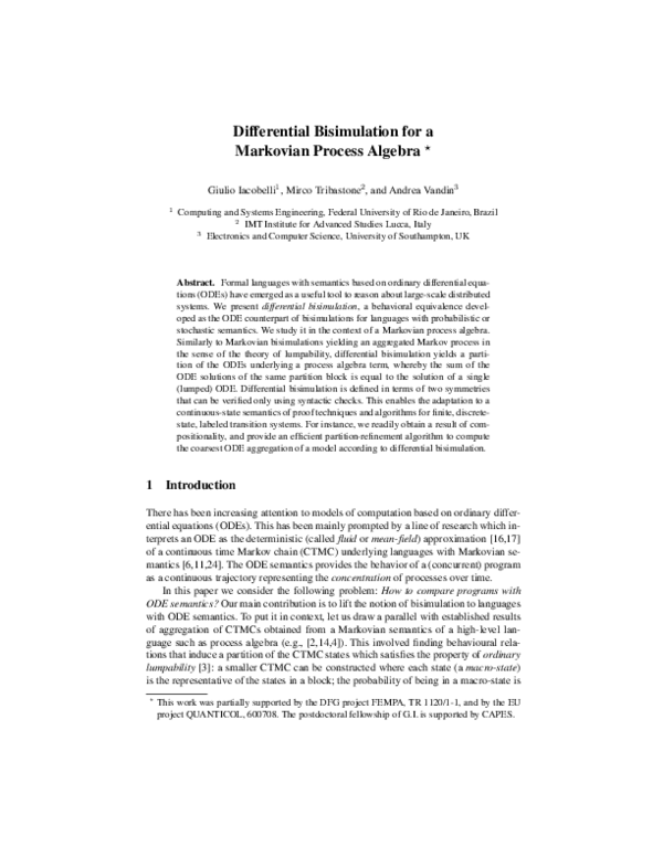 (PDF) Differential Bisimulation for a Markovian Process Algebra