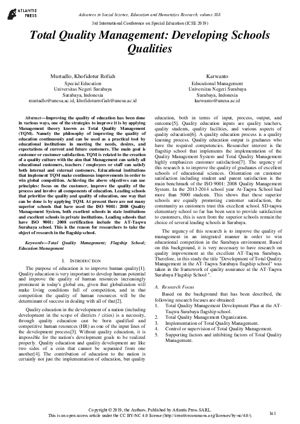 (PDF) Total Quality Management: Developing Schools Qualities