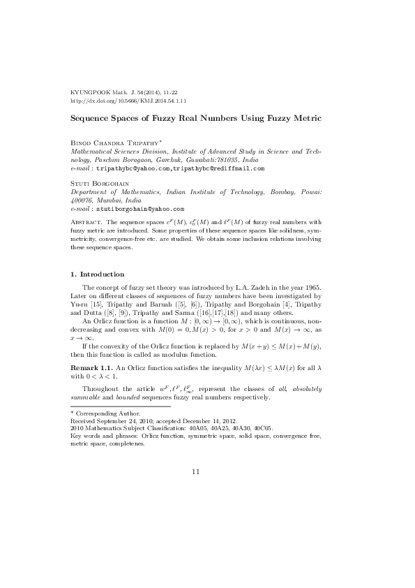 Pdf Sequence Spaces Of Fuzzy Real Numbers Using Fuzzy Metric Binod Tripathy