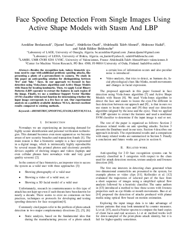 (PDF) Face spoofing detection from single images using active shape models with Stasm and LBP