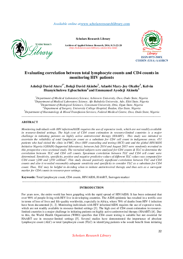 (PDF) Evaluating correlation between total lymphocyte counts and CD4 counts in monitoring HIV ...
