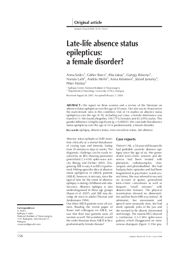 (PDF) Late-life absence status epilepticus: A female disorder?