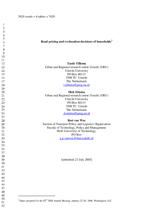 (PDF) Road pricing and (re)location decisions of households1 | Taede ...