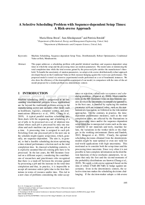 (PDF) A Selective Scheduling Problem with Sequence-dependent Setup Times: A Risk-averse Approach