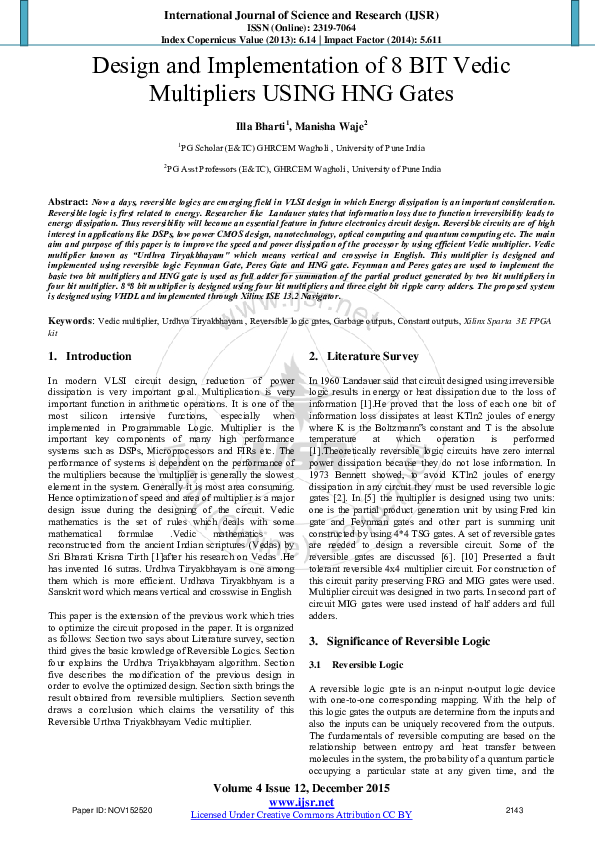 (PDF) Design and Implementation of 8 BIT Vedic Multipliers USING HNG Gates