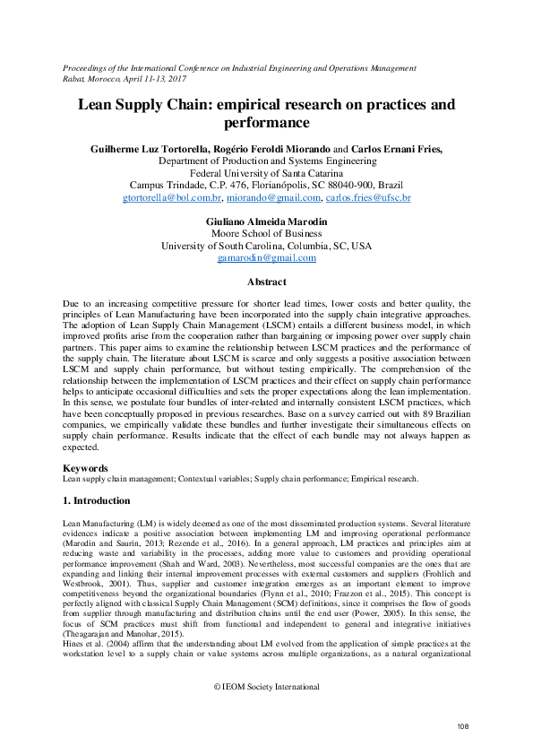 (PDF) Lean supply chain: Empirical research on practices and performance