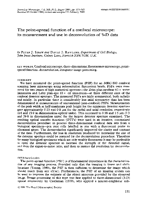 Pdf The Point Spread Function Of A Confocal Microscope Its Measurement And Use In