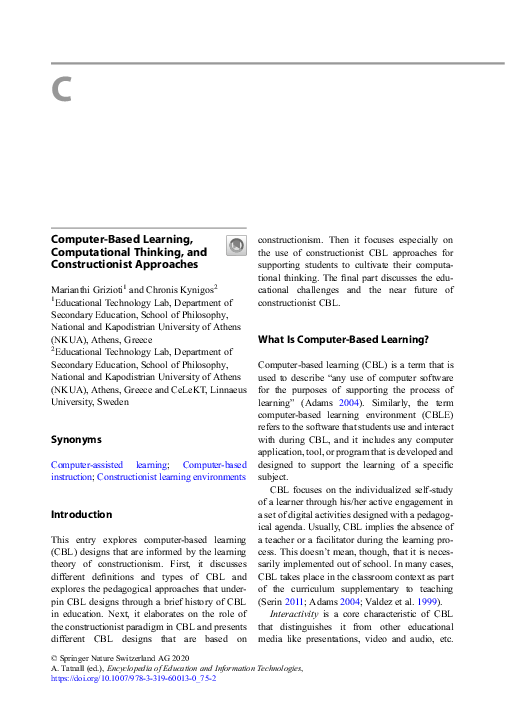 (PDF) Computer-Based Learning, Computational Thinking, and Constructionist Approaches