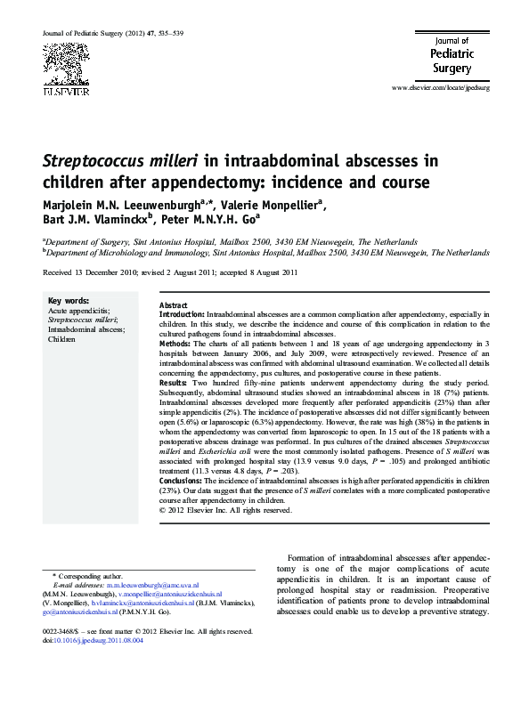 (PDF) Streptococcus milleri in intraabdominal abscesses in children ...