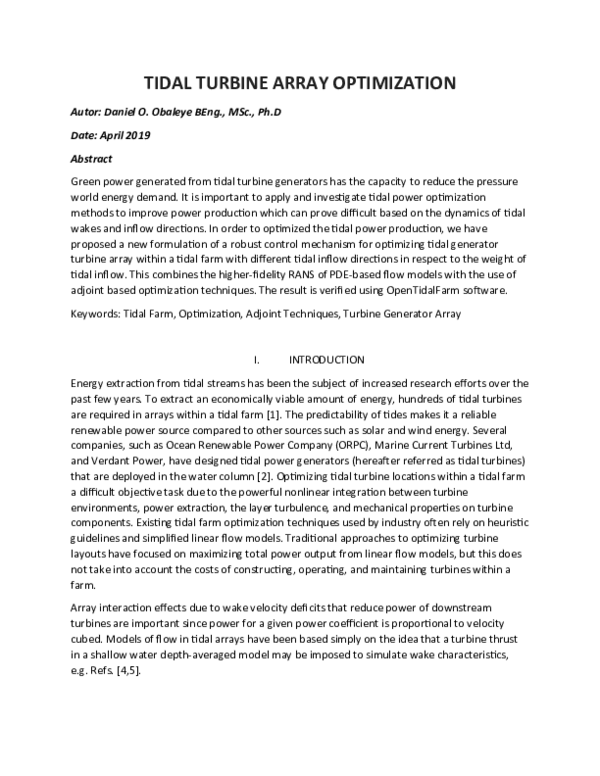 (DOC) TIDAL TURBINE ARRAY OPTIMIZATION | Daniel Obaleye - Academia.edu