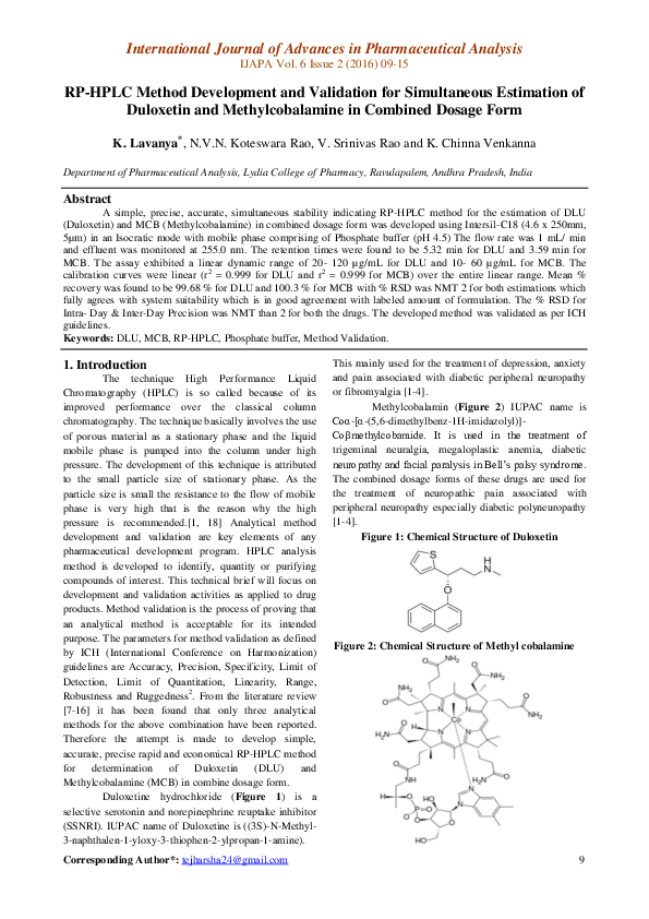(PDF) RP-HPLC Method Development and Validation for Simultaneous Estimation of Duloxetin and ...