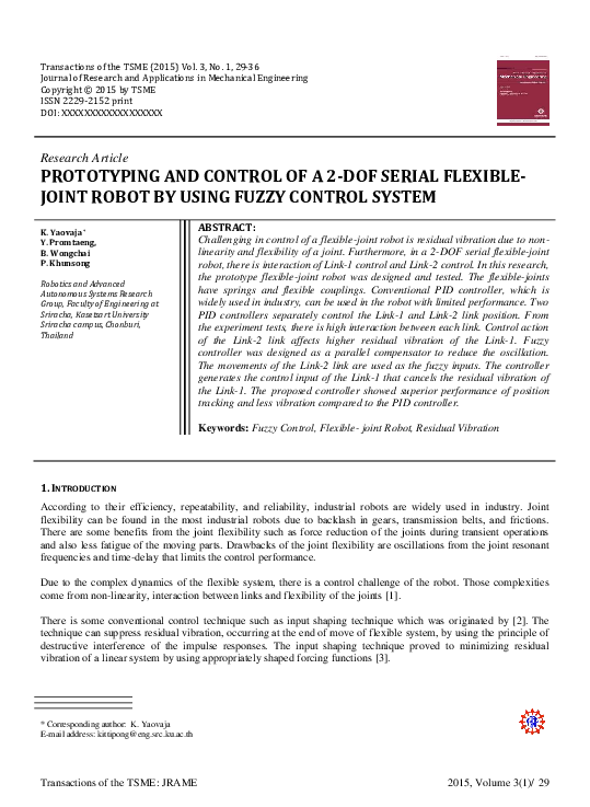 Pdf Prototyping And Control Of A 2 Dof Serial Flexible Joint Robot By Using Fuzzy Control System