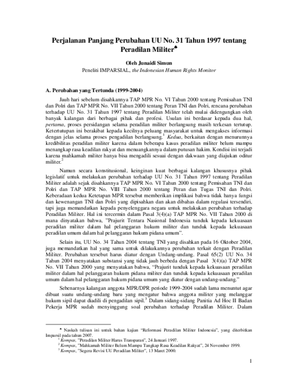 (PDF) Perjalanan Panjang Perubahan UU No. 31 Tahun 1997 tentang Peradilan Militer