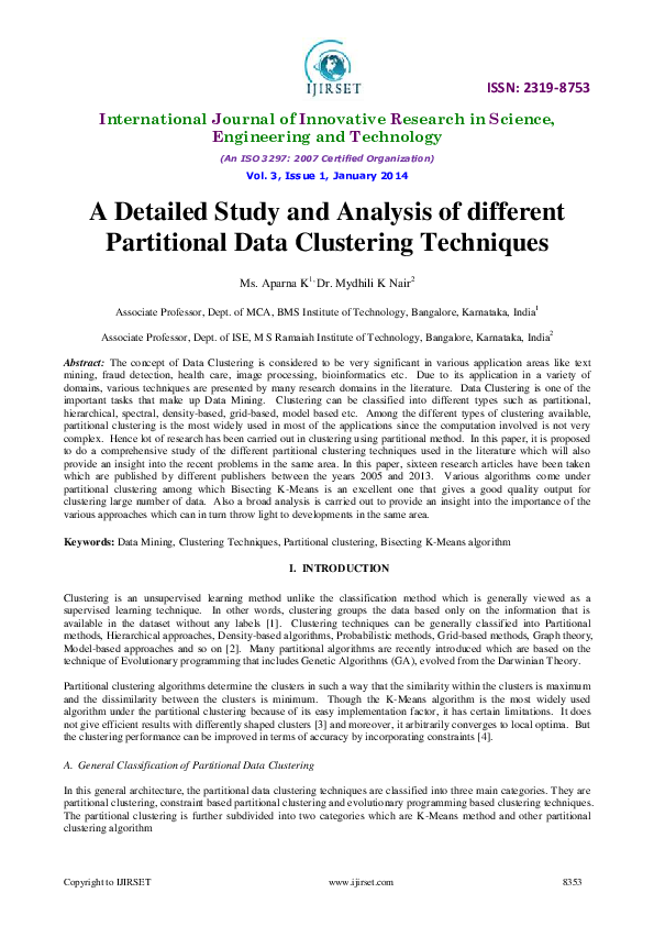 (PDF) A Detailed Study and Analysis of differentPartitional Data Clustering Techniques | Mydhili ...