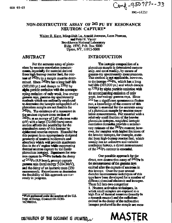 (PDF) NON-DESTRUCTIVE ASSAY OF 242 pu BY RESONANCE NEUTRON CAPTURE