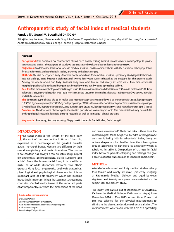 (PDF) Anthropometric study of facial index of medical students