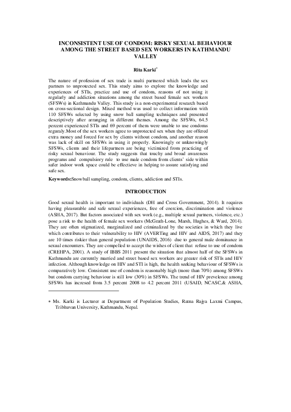 Pdf Inconsistent Use Of Condom Risky Sexual Behaviour Among The Street Based Sex Workers In