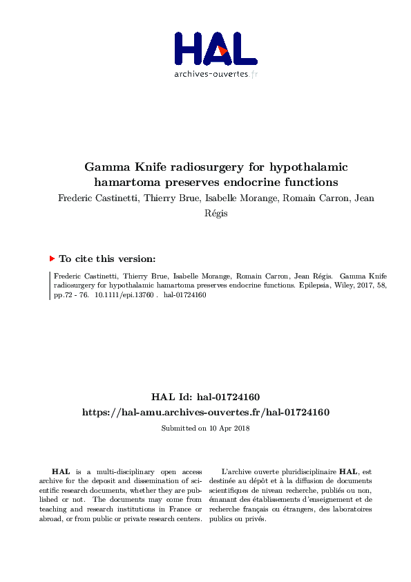 (PDF) Gamma Knife radiosurgery for hypothalamic hamartoma preserves endocrine functions