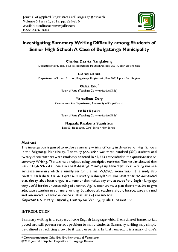 (PDF) Investigating Summary Writing Difficulty among Students of Senior ...