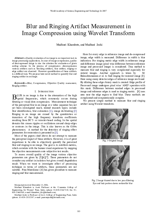 (PDF) Blur and Ringing Artifact Measurement in Image Compression using Wavelet Transform