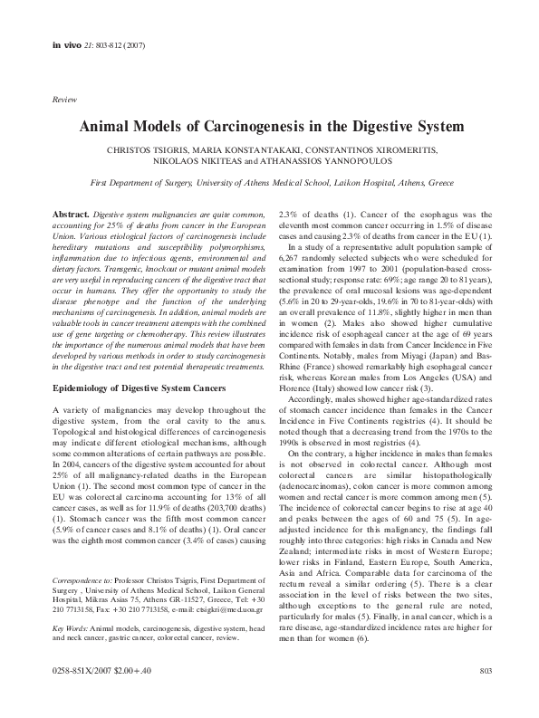 (PDF) Review. Animal models of carcinogenesis in the digestive system
