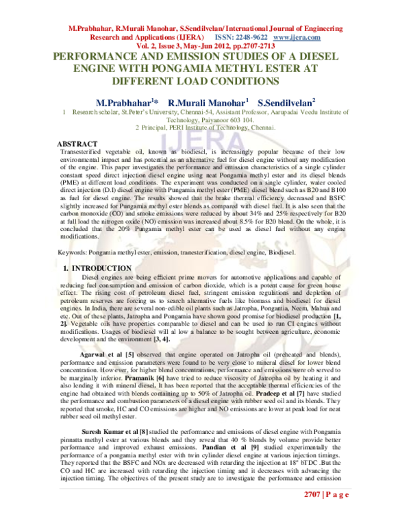 (PDF) Performance and Emission Studies of a Diesel Engine Fueled with ...