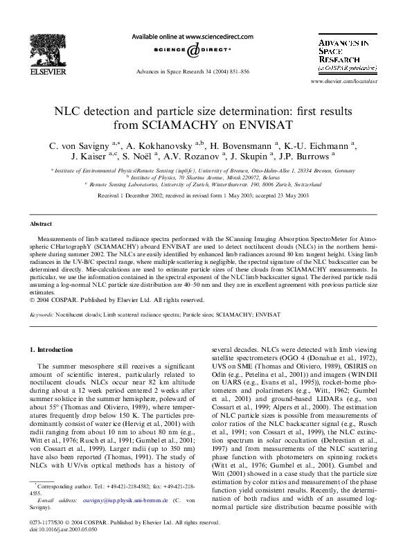 (PDF) NLC detection and particle size determination: first results from SCIAMACHY on ENVISAT