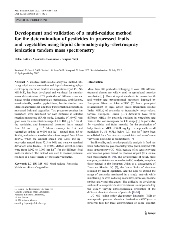 (PDF) Development and validation of a multi-residue method for the determination of pesticides ...