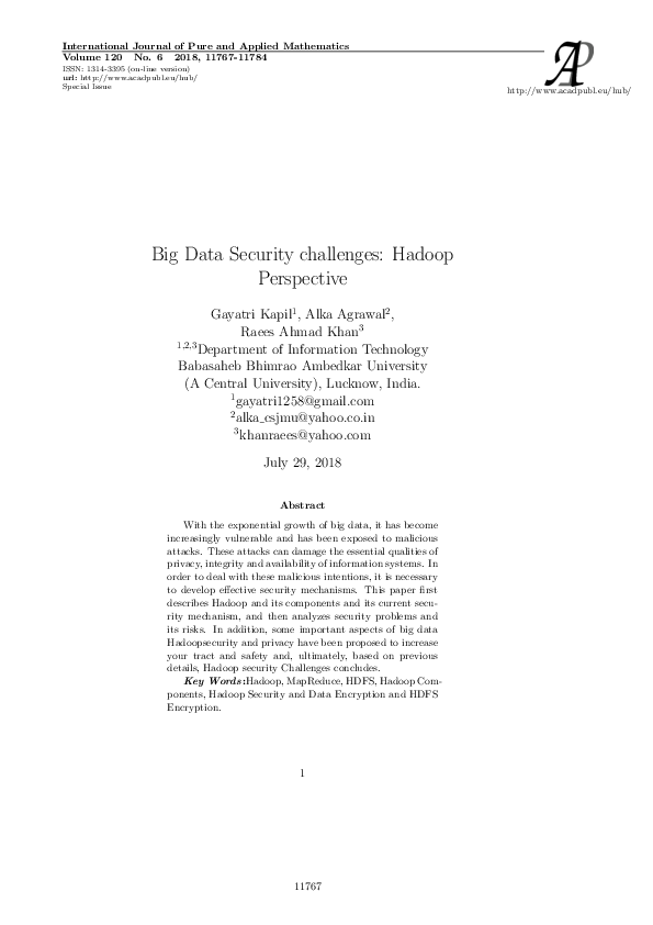 (PDF) Big Data Security challenges: Hadoop Perspective