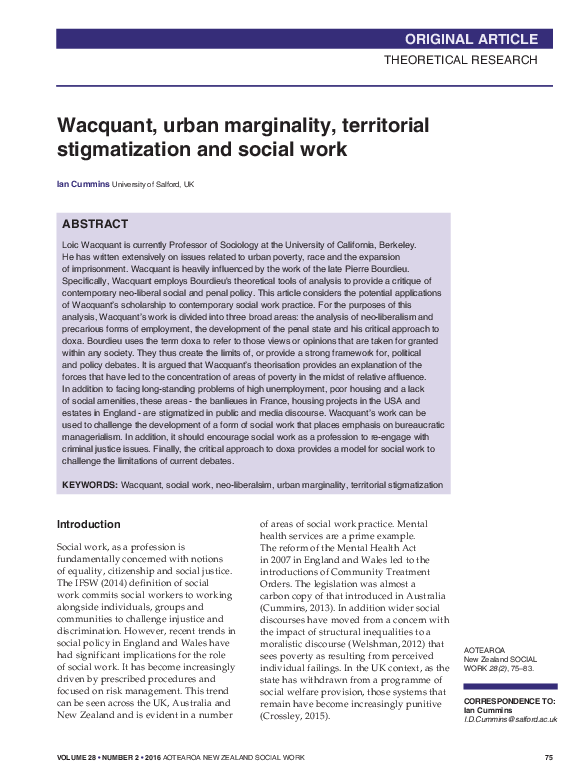 (PDF) Wacquant, urban marginality, territorial stigmatization and ...