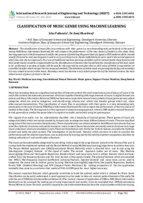 (PDF) IRJET- CLASSIFICATION OF MUSIC GENRE USING MACHINE LEARNING