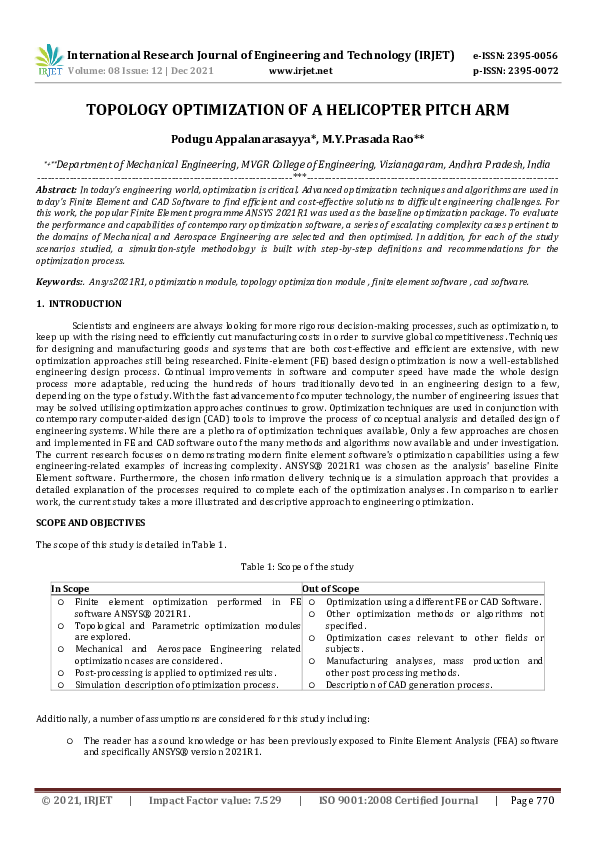 Pdf Irjet Topology Optimization Of A Helicopter Pitch Arm
