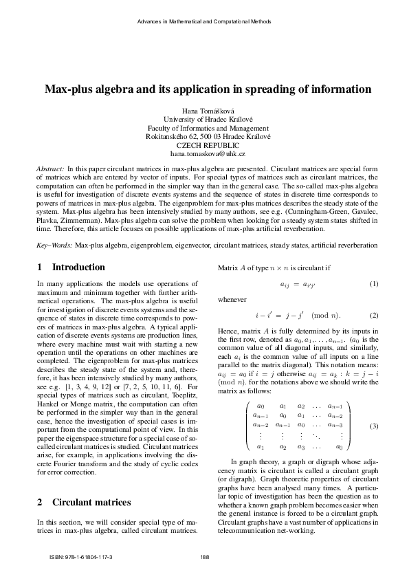 (PDF) Max-plus algebra and its application in spreading of information